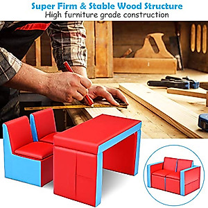 Costzon Kids Couch, 2 in 1 Double Seat Children's Sofa Convert to Table and Two Chairs for School, Storage Space, PVC Surface, Large Soft Kids Preschool Sofa Couch for Boys Girls Gifts (Red)