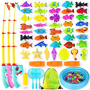 FIVEDAOGANG Magnetic Fishing Game 45 PC Ocean Sea Floating Fish Colorful Animals with Net Portable Storage Bag | Kiddie Pool Bathtub Game for Age 3 4 5 6 Year Kids Toddler(XX-Large Set)