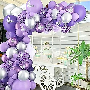 Purple Balloon Garland kit Macaron Purple Silver Balloon Arch Butterfly Stickers Confetti Latex Balloons Arch for Bridal Shower Baby Shower Wedding Birthday Party Decorations for Girls and Women