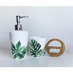 Green Tropical Bathroom Accessory Sets Sturdy Housewarming Gift 5 Pieces Ceramic Bath Accessories Collection Set Palm Tree Decor Toothbrush Holder Lotion Dispenser Soap Dish Tumbler (Green Tropical)