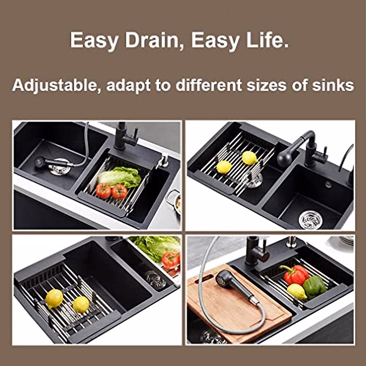 GULICA Dish Drying Rack Black, Adjustable Stainless Steel Drainer Basket Drain Tray for Dish Vegetable Fruit, 18.2" x 8.9", On or in Sink Kitchen Basket Dish Drying Rack