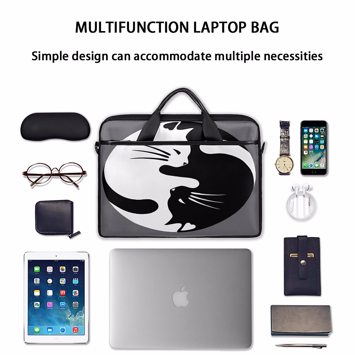 Black White Cat Laptop Computer Bag Waterproof Shoulder Messenger Bag 13-15 inch Durable Laptop Tote Bag with Shoulder Strap Handle Lightweight Crossbody Briefcase