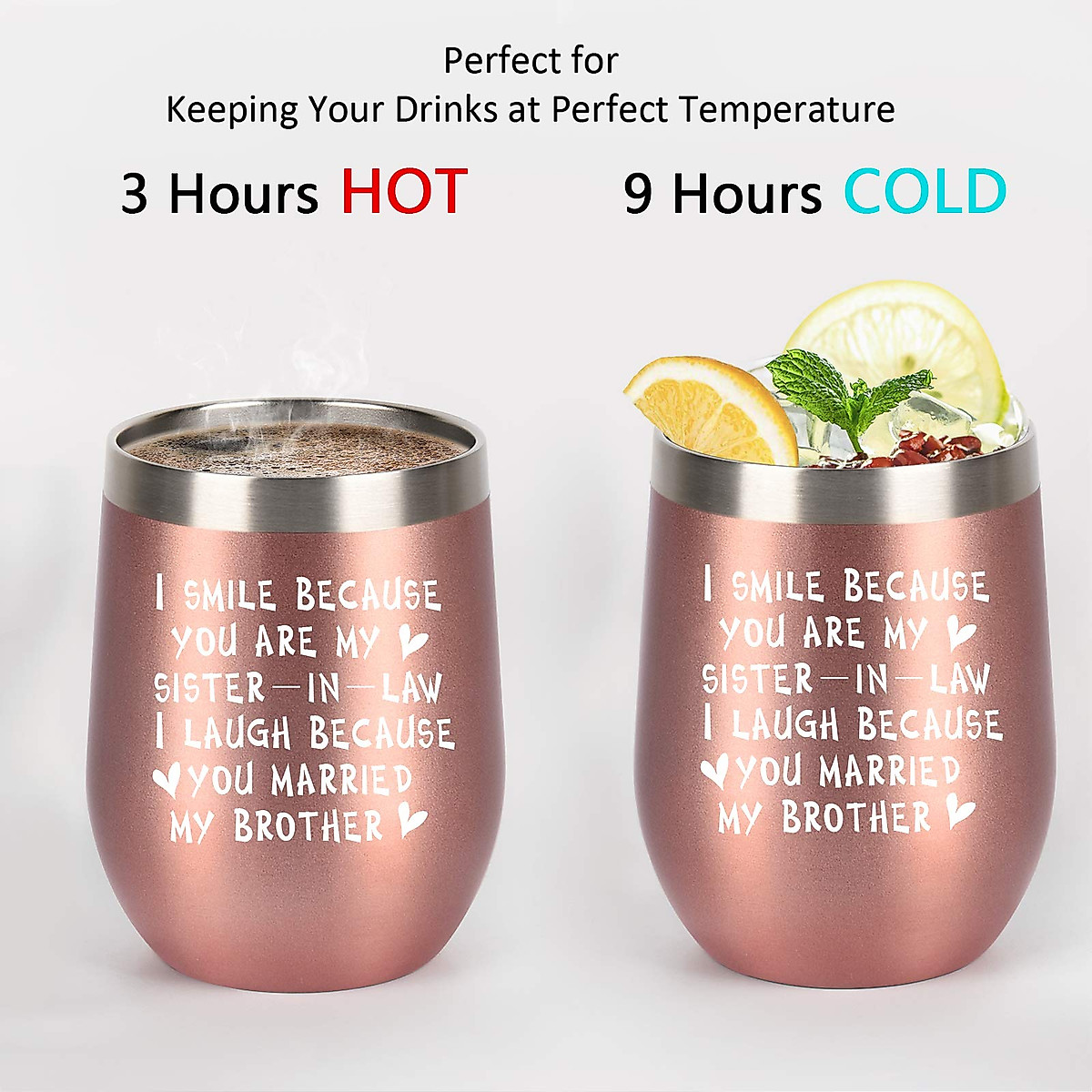 Sister in Law Gifts, I Smiled Because You're My Sister in Law Wine Tumbler with Lid, Wedding Christmas Birthday Gifts for Sister in Law, Bride, Stainless Steel Insulated Tumbler (12 Oz, Rose Gold)