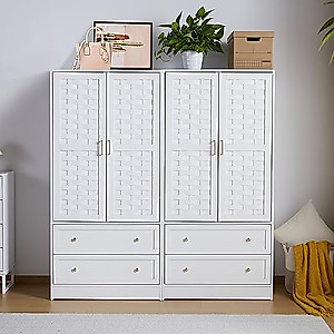 QEIUZON Wardrobe Closet, Freestanding Closet Wardrobe Cabinet with Wide Drawers & Hanging Rod, Armoire for Bedroom, Kids' Room, Dorm (White)