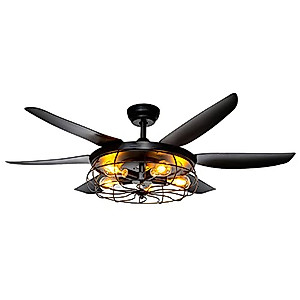 Ohniyou Ceiling Fans with Lights and Remote - 52 Inch Farmhouse Ceiling Fan with Caged Light Fixture - Black Industrial Outdoor Ceiling Fan Lights for Patio, Living Room, Kitchen & Bedroom