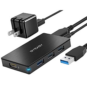 Universal Powered USB Hub, BYEASY Aluminum 3 Ports USB 3.0 Hub and 1 USB Smart Charging Port with Power Adapter, Slim USB Splitter for iMac Pro, MacBook Air/Mini, PS5, Surface Pro, Notebook PC, HDD