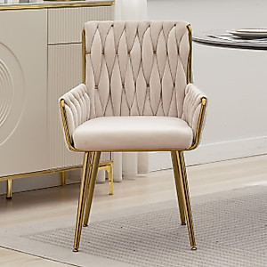 ABET Velvet Desk Chair 1PC, Modern Woven Armchair with Gold Metal Legs & Armrest, Comfy Upholstered Vanity Makeup Chair for Teen Girls & Women, Cute Office Chair for Bedroom, Living Room,Beige
