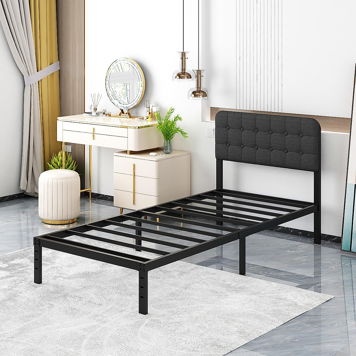 Likelalaso Twin Bed Frame with Upholstered Headboard, 12 inch Twin Metal Platform Bed Frame, Steel Slat Support, Noise Free, No Box Spring Needed, Easy Assembly, Black