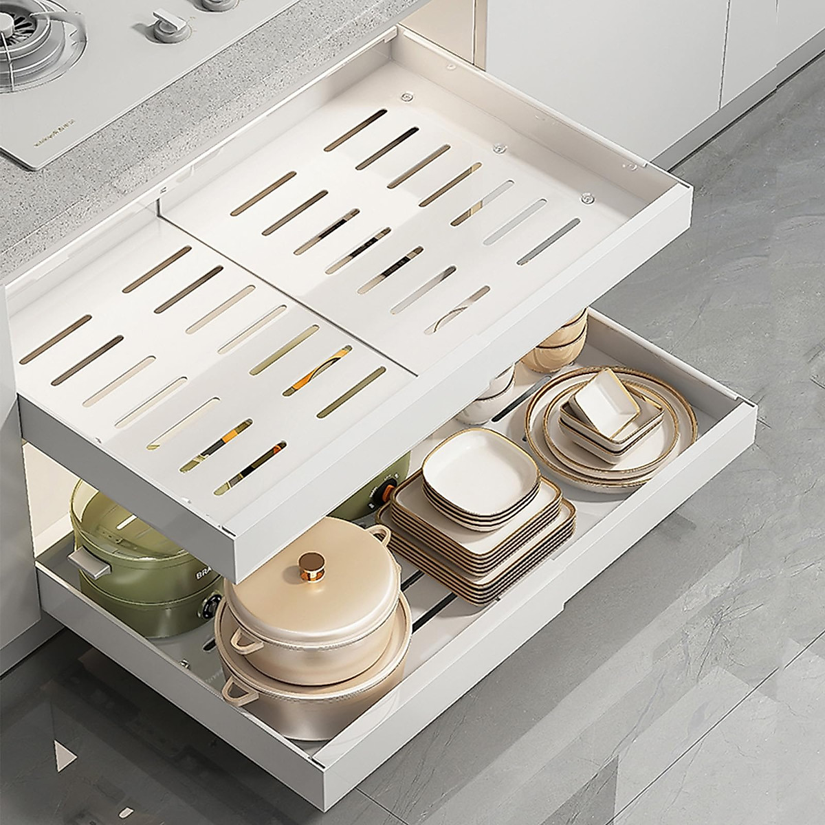 Pull Out Cabinet Organizer, Expandable(12.4"-20.5") Pull Out Drawers for Cabinets Slide Out Drawers for Kitchen Cabinets with Adhesive Nano Film Mounting Adjustable for Kitchen, Pantry (White)