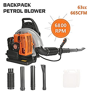Leaf Blower Gas Powered with Adjustable Backpack Strap, 665 CFM 6800 RPM(r/min) 63cc 2-Stroke Engine Multi-Purpose Cordless High Strength Snow Blower for Outdoor Yard Garden Snowfield & Meadowland