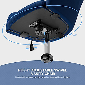 Warmiehomy Modern Home Office Chair with Wheels Mid-Back Upholstered Velvet Computer Task Chair for Small Space, Living Room, Make-up, Studying, Dark Blue Desk Chair