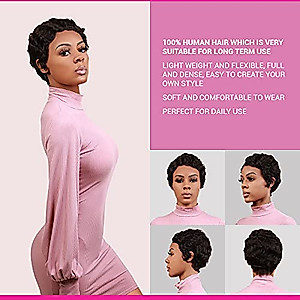 INSTANT FAB Finger Wave Human Hair Wigs for Black Women Short Curly Remi Human Hair Wig Pixie Cut Wigs Nuna Wigs Non Lace Front Wigs (OT1B/99J)