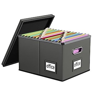 Huolewa Portable Leather File Organizer Boxes with Lids, Collapsible Linen Hanging Filing Storage Boxes with Plastic Slide, Decorative Home/Office Filing System Boxes for File and Folders Storage