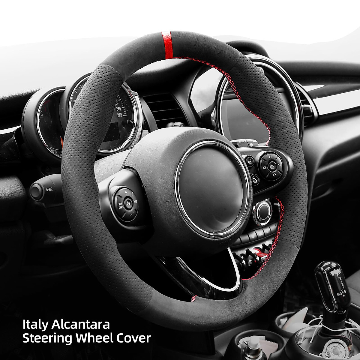 Alfanxi Hand Stitch Alcantara Steering Wheel Cover Compatible with Mini Cooper/Coupe/Clubman/Countryman 2014-2023 (Red Stripe)