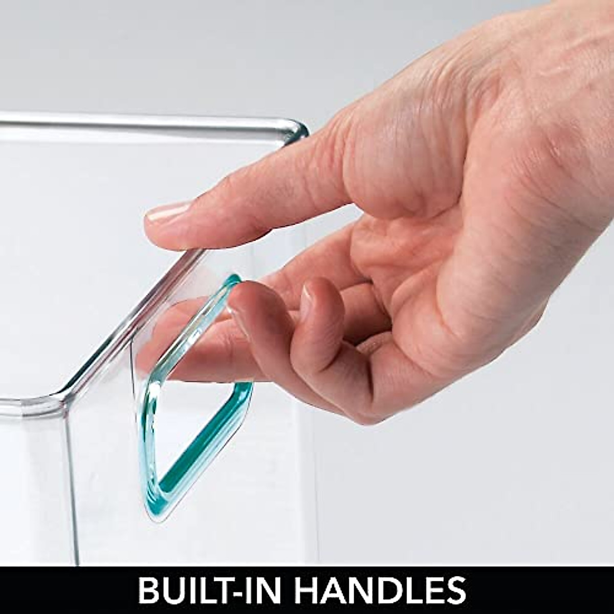 mDesign Plastic Storage Bin with Handles for Organizing Hand Soaps, Body Wash, Shampoos, Lotion, Conditioners, Hand Towels, Hair Accessories, Body Spray, Mouthwash - 8" Square, 2 Pack - Clear/Blue