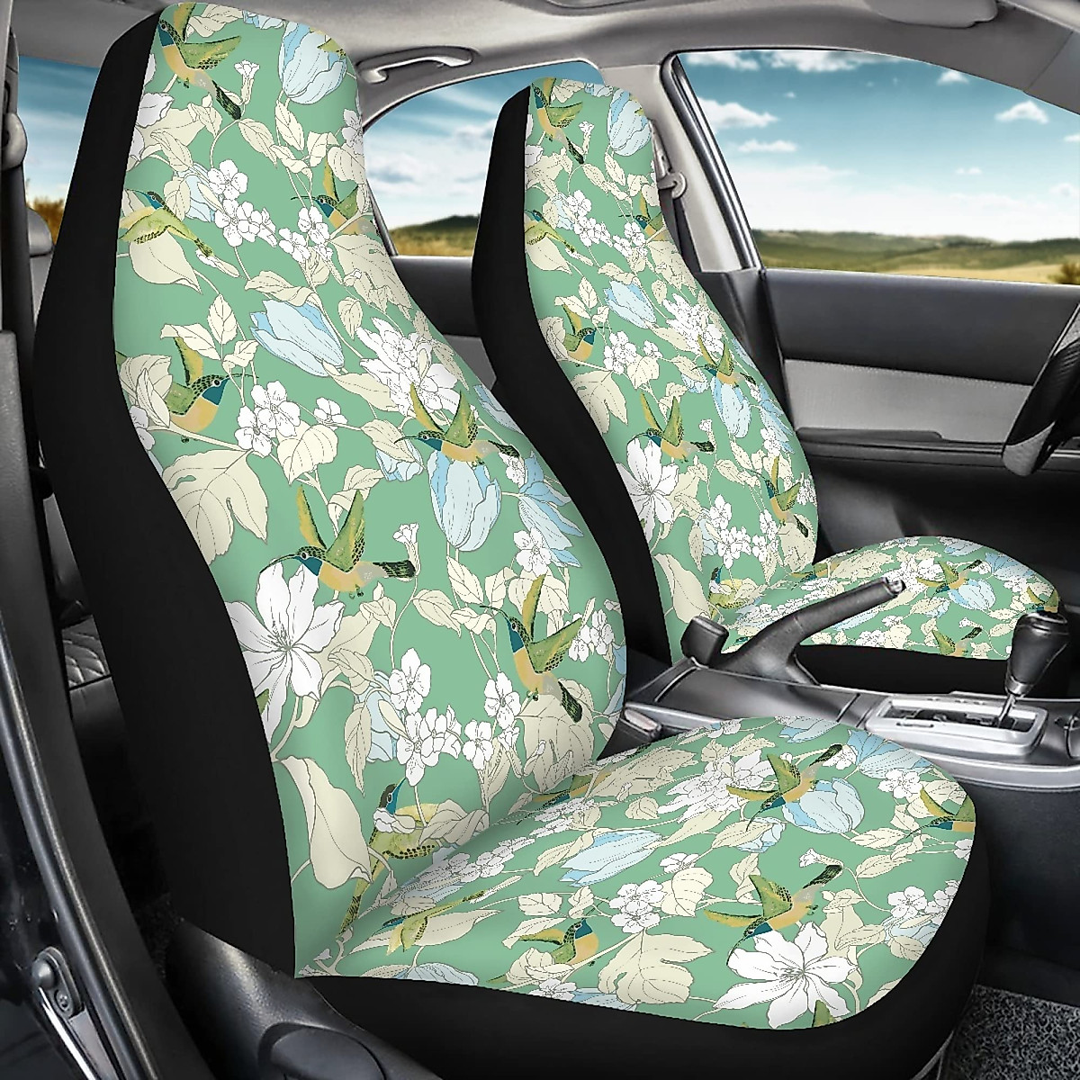 TOADDMOS Auto Front Seat Cover, Floral with Hummingbird Print Universal Car Seat Cover Protector, Fit Most Vehicle Decorative Seat Accesories, Green