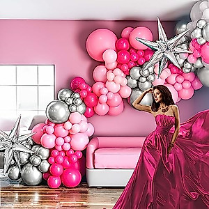Kozee Hot Pink Silver Balloon garland arch kit 160PCS Pastel Pink and silver Starburst balloons for girl's 15/16/30th Birthday Princess Party Decorations