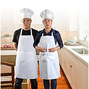 yotache Chef Apron Set, Chef Hat and Kitchen Apron Adult Adjustable White Apron Baker Costume for Men and Women, 1 Set (33" L x 26" W)