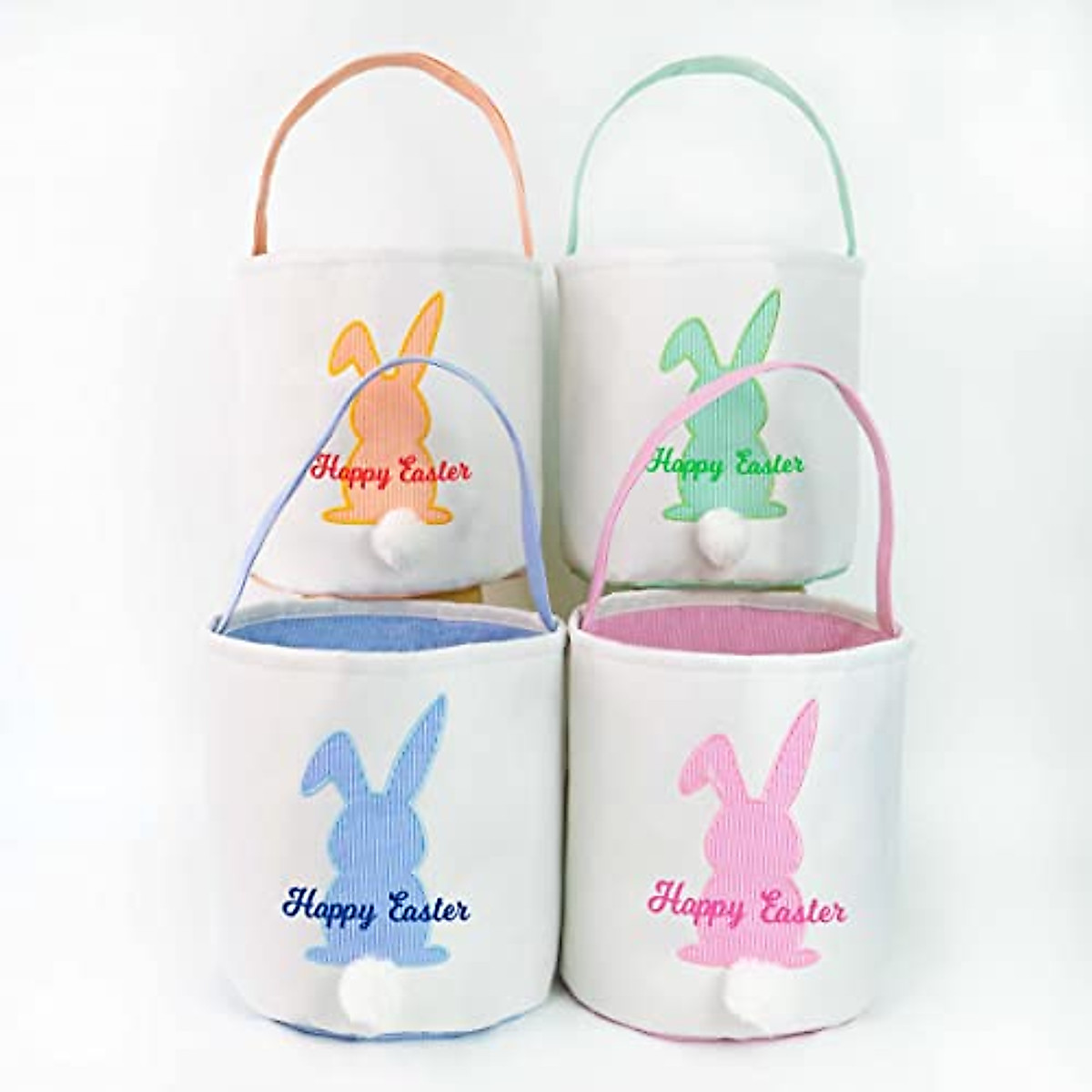 Easter Baskets with Bunny Tail for Kids, Applique Stripe Bunny Easter Bucket for Child, Embroidered Easter Hunt Bag, Blue Stripe Easter Basket, Girls Boys Easter Gifts.