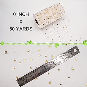 Glitter Tulle Fabric Rolls, Gold Foil Star Tulle Spool 6 Inch 50 Yards (150ft) Sparkle Sequin Netting Ribbon for Tutu Skirt Baby Shower Birthday Party DIY Bow Crafts (White Tulle, Gold Stars)
