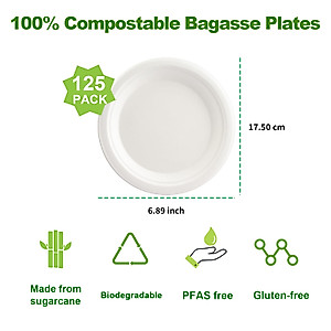 JOYFULOCEAN Paper Plates 7 inch 125 Pieces, 100% Compostable Disposable Paper Plates, Heavy-Duty Natural Biodegradable Eco-Friendly Sugarcane Fibers Party Plates(White)[PFAS-Free][BPI Certified]