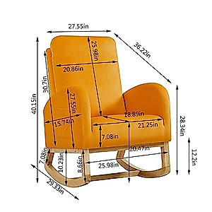 BeiXuan Modern Wood Indoor/Outdoor Rocking Chairs, Single Sofa Accent Nursery Rocking Chair with High Back Side Bag,Upholstered Glider Rocker for Living Room/Bedroom/GardenPatio,Orange Flannel Cloth