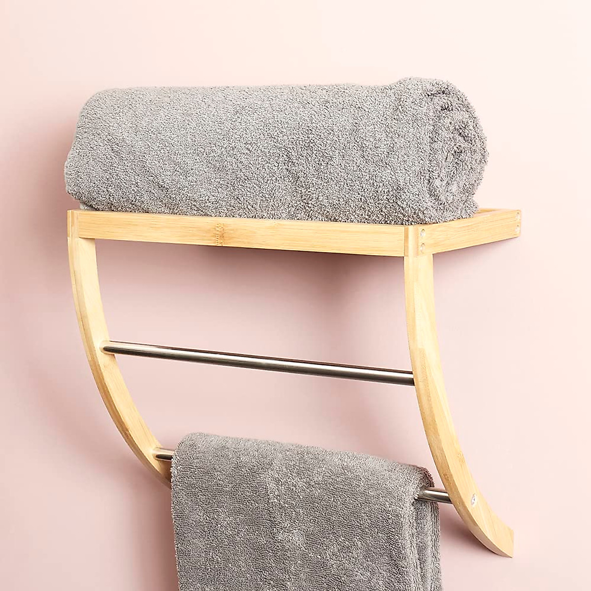 Bamboo Wall Mount Shelf with 2-Tier Curved Towel Rack by Home Basics | Open Slanted Shelf Organizer Rack with Natural Finish | Strong Steel Rod Towel Bars