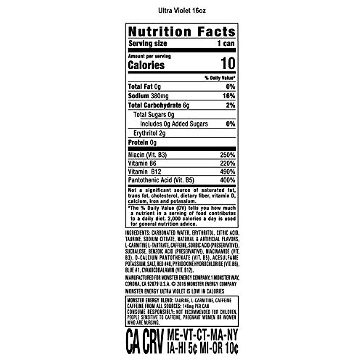 Monster Energy Ultra Violet, Sugar Free Energy Drink, 16 Ounce (Pack of 15)