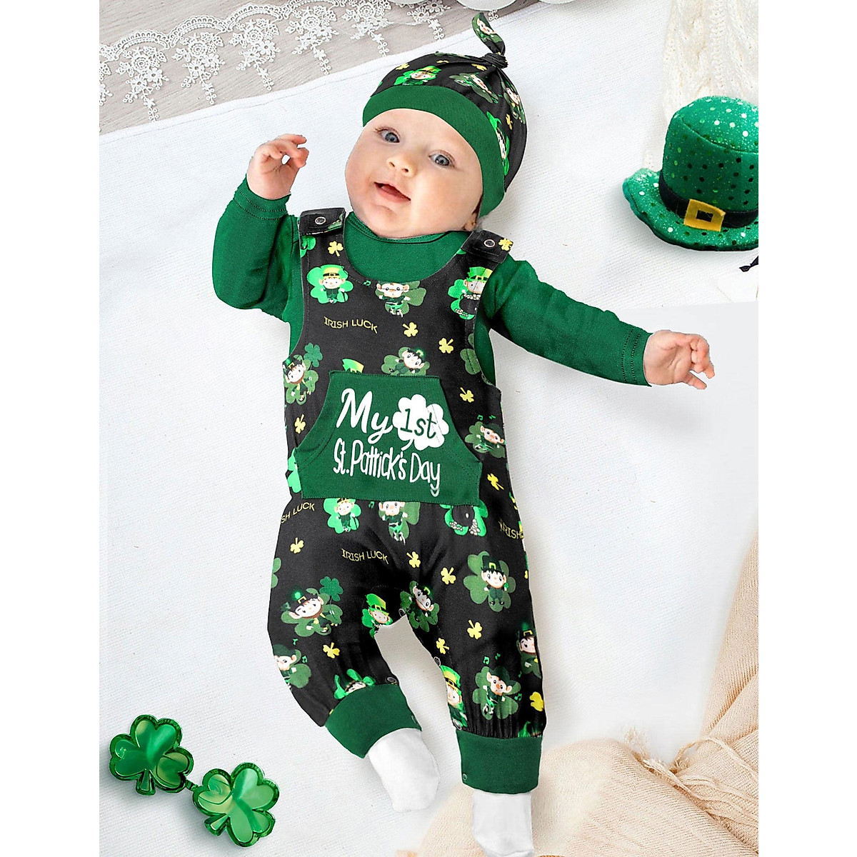 KANGKANG St Patricks Day Baby Boy Outfit My First St Patricks Day Baby Boy Outfit Baby Boy Clothes 3-6 Months Baby Rompers Overalls Hat