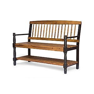 Great Deal Furniture Christopher Knight Home Daphne Outdoor Acacia Wood Bench with Shelf, Teak and Black Finish