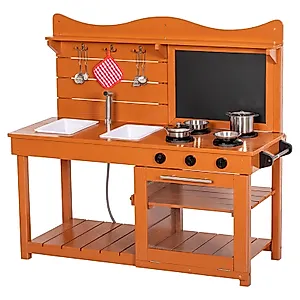 BRINJOY Kitchen Playset for Kids, Outdoor Wooden Mud Kitchen Set w/2 Removable Sinks & Spray Pipe, Backyard Garden Toddler Pretend Play Kitchen w/Blackboard, Kitchenware, Stove, Gift for Boys Girls