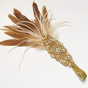 Asooll 1920s Feather Headband Gold Vintage Crystal Flapper Headpiece Headdress Prom Head Accessories for Women and Girls