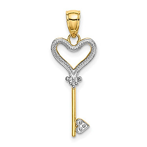 Key with Heart Charm In Real 14k Yellow Two Tone Gold 23 mm x 10 mm