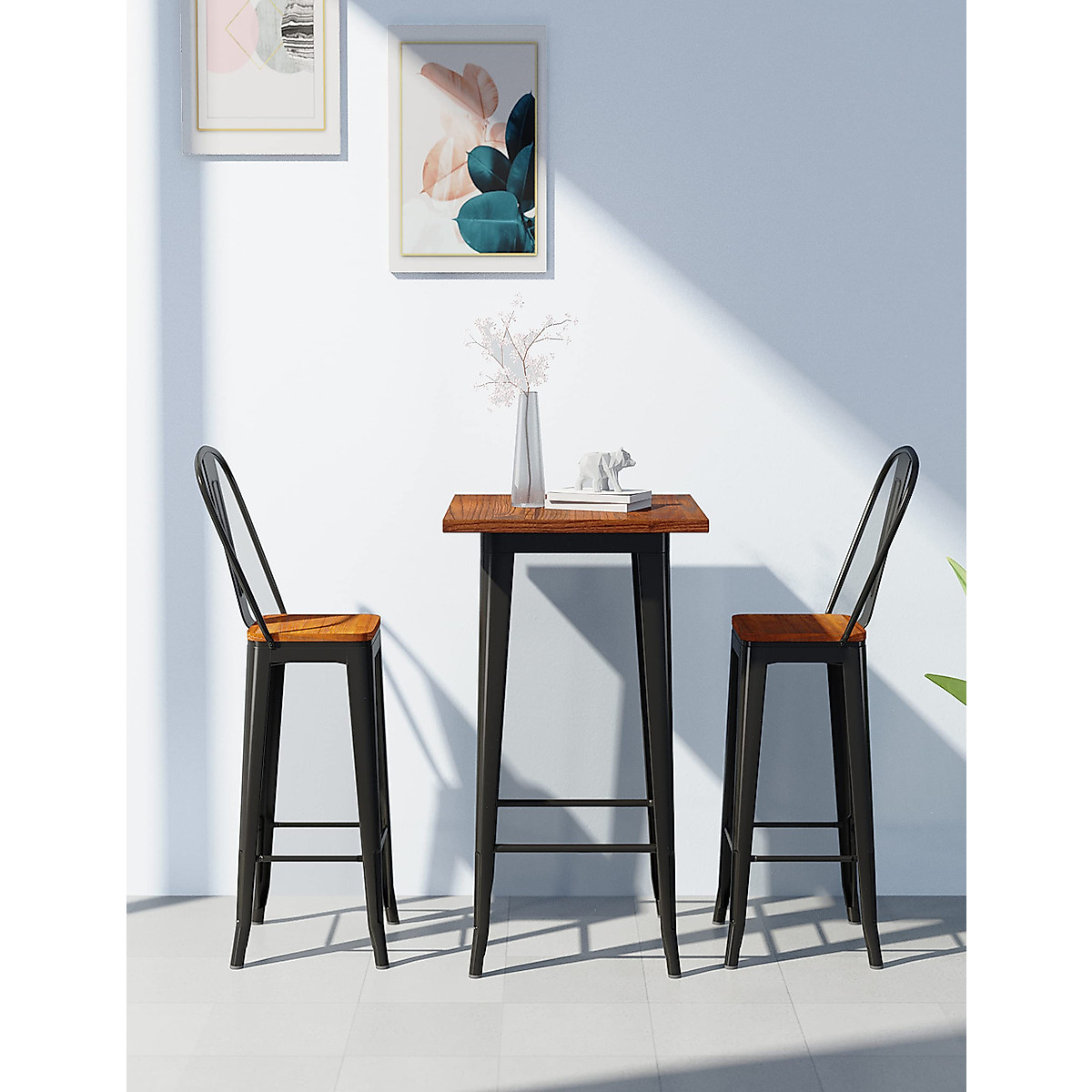 Aiho Bar Stools 30” Dining Chairs Outdoor Patio Bistro Set of 2 Metal Height Bar Stools with Wood Seat and Removable Backrest, Gloss Black