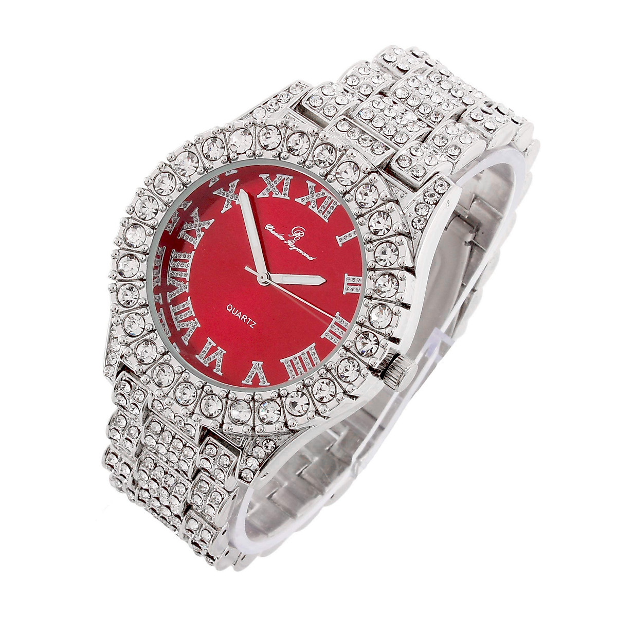 Charles Raymond Mens Silver Big Rocks with Roman Numerals Fully Iced Out Colorful Dial Watch - ST10327 RN Single (Blood Red/Silver)