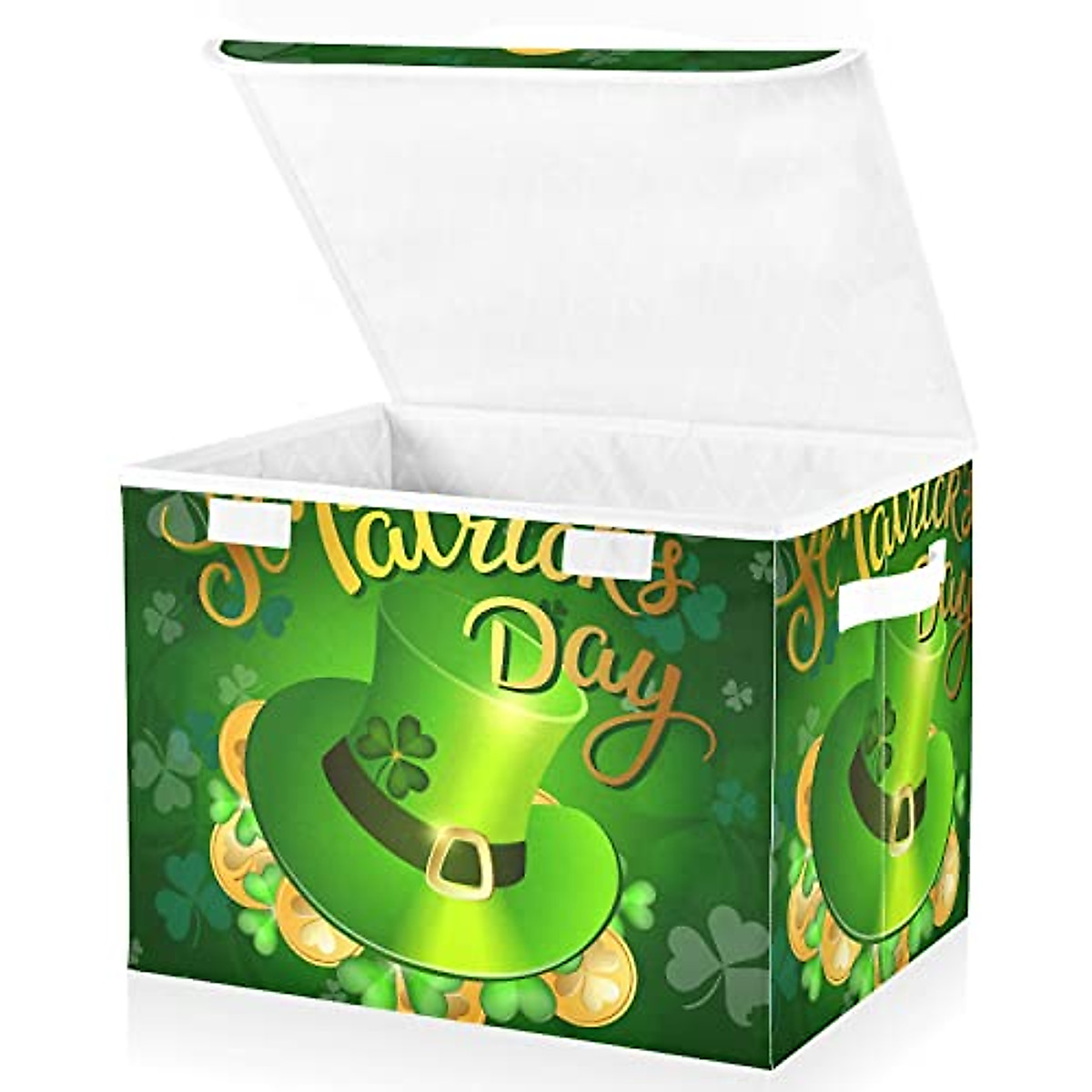 WELLDAY Green Hat St. Patrick's Day Storage Baskets Foldable Cube Storage Bin with Lids and Handle, 16.5x12.6x11.8 In Storage Boxes for Toys, Shelves, Closet, Bedroom, Nursery