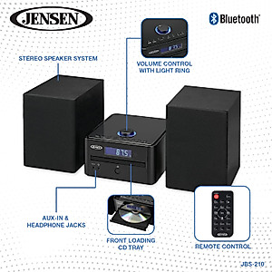 JENSEN JBS-210 JBS-210 3-Piece Stereo 4-Watt-RMS CD Music System with Bluetooth, Digital AM/FM Receiver, 2 Speakers, and Remote
