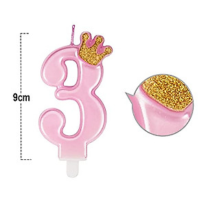 UVTQSSP 3.54 Inches 3th Birthday Candles Pink Number 3 Candles with Golden Glitter Crown Cake Topper Decoration for Party Wedding Celebration Reunions Anniversary Party Supplies Kids Adults
