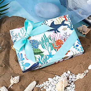 LeZakaa Ocean Wrapping Paper Roll - Cartoon Design of Ocean, Whale, Turtle, Sea Creature for Birthday, Baby Shower, Holiday Party for Boys Girls Kids - 17 inches x 32.8 Feet (46.45 sq.ft.)