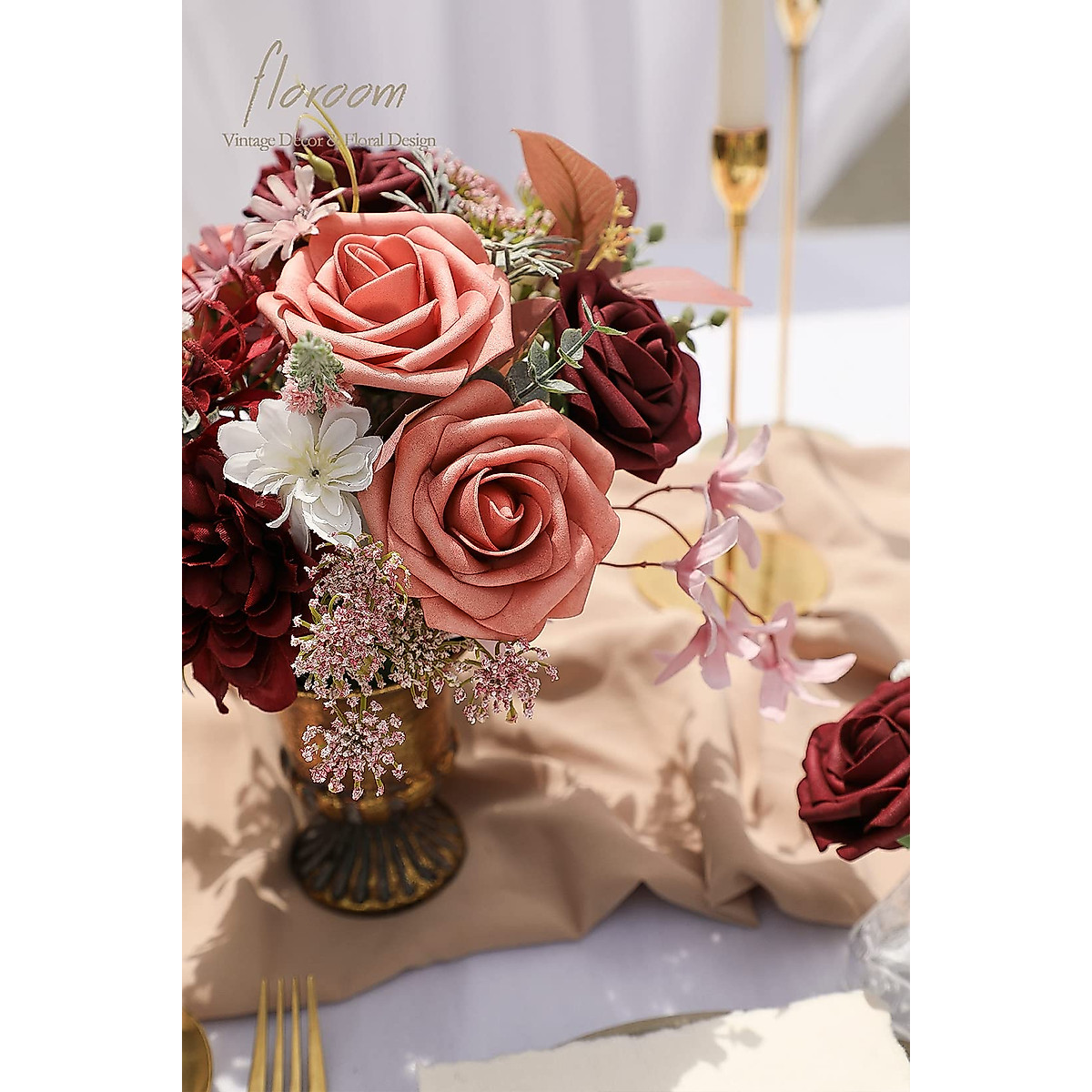 Floroom Artificial Flowers 25pcs Real Looking Burgundy & Pinky Cedar Foam Fake Roses with Stems for DIY Wedding Bouquets Bridal Shower Centerpieces Floral Arrangements Party Tables Home Decorations