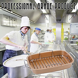 Heavy Gauge, Carbonized Steel, Commercial Kitchen Grade Copper Non-Stick Roaster with Chrome Floating Rack for 22 lb Turkey by Elle Gourmet