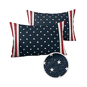 Lumbar Pillow Covers 12 x 20 Inches, 4th of July Waterproof Pillow Protector Set of 2 Throw Pillowcases, Independence Day Patriotic Star Red Line Rectangle Cushion Covers for Patio/Tent/Couch/Garden