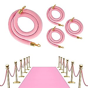 Vevitts 4 pcs Pink Velvet Stanchion 6.4FT Velvet Rope, Crowd Control Ropes Barrier with Polished Gold Hooks, Thick Stanchion Queue Barrier Rope