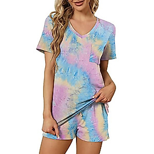 RUBZOOF Pajama Sets for Women Tie-dye Casual Soft Short Sleeve Summer Lounge Sets Sleepwear Tie-dye-B M