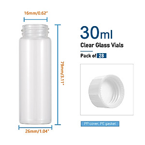 Njvial 28Pcs 30ml(1oz) Small Glass Vials with White Lids Lab Sample Vials Empty Refillable Perfume Travel Mini Glass Bottles with Screw Caps for Essential Oils