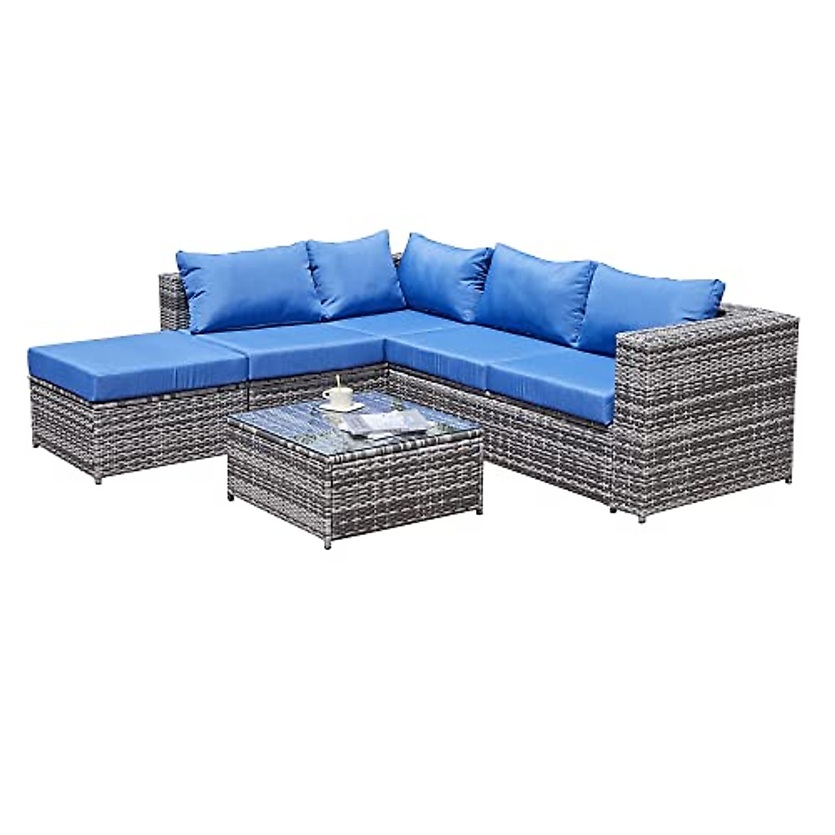 MOLIXXES 4 Pieces PE Wicker Outdoor Sofa Couch Sectional Patio Set,Patio Furniture Sectional Sofa with Ottoman, Glass Table, Pillow,Gray Rattan Blue Cushion