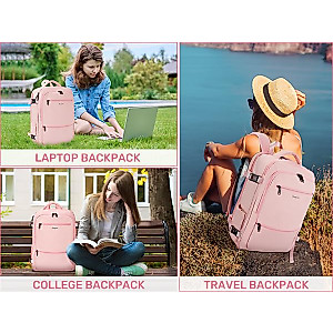 Carry On Backpack for Women, Cute Pink College backpack with USB Charging Port for 15.6inch Laptop, Flight Approved 35l Travel Backpack Casual Bag Luggage Gifts for Graduates Gym Weekend Hiking,Pink