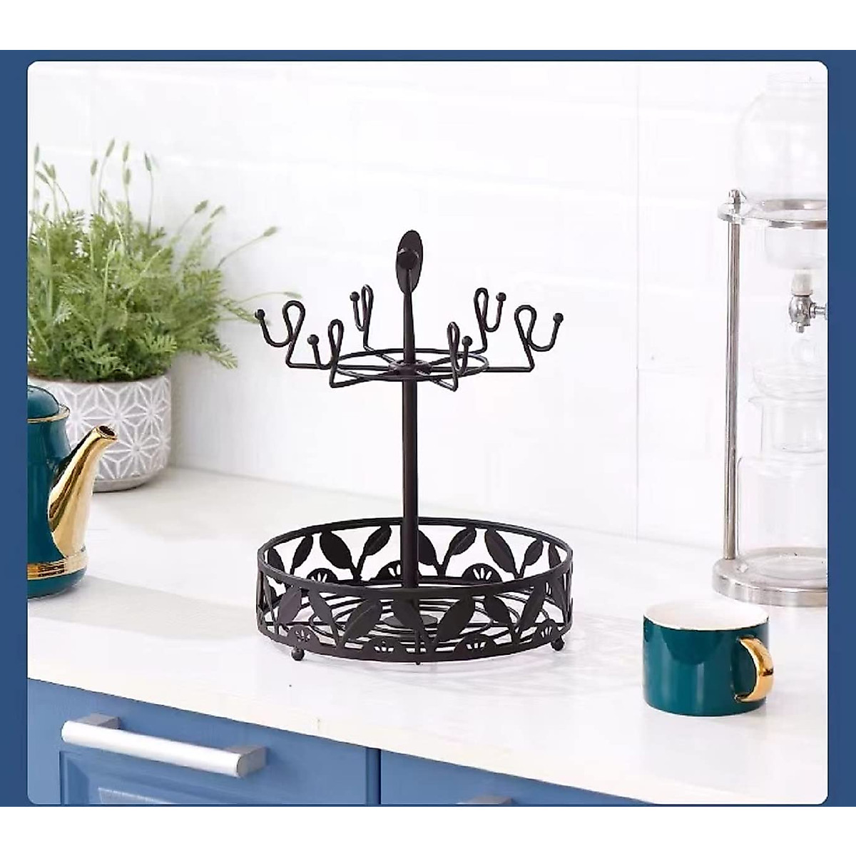 INMTIE Coffee Mug Holder Tree Stand for Bar Kitchen Counter Mug Tree with Storage Basket Multifunctional Coffee Cup Holder For Counter with 6 Hooks for Coffee Bar