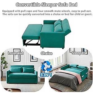 Gynsseh Convertible Sleeper Sofa Bed, 3 in 1 Pull Out Sofa Sleeper with Pillows and Side Storage Pocket, Soft Velvet Love Seat Lounge Sofa Bed for Living Room, Teal, from Twin to Full Size