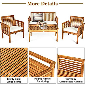 Tangkula 4 Piece Outdoor Acacia Wood Sofa Set w/Water Resistant Cushions, Padded Patio Conversation Table Chair Set w/Coffee Table for Garden, Backyard, Poolside (2)